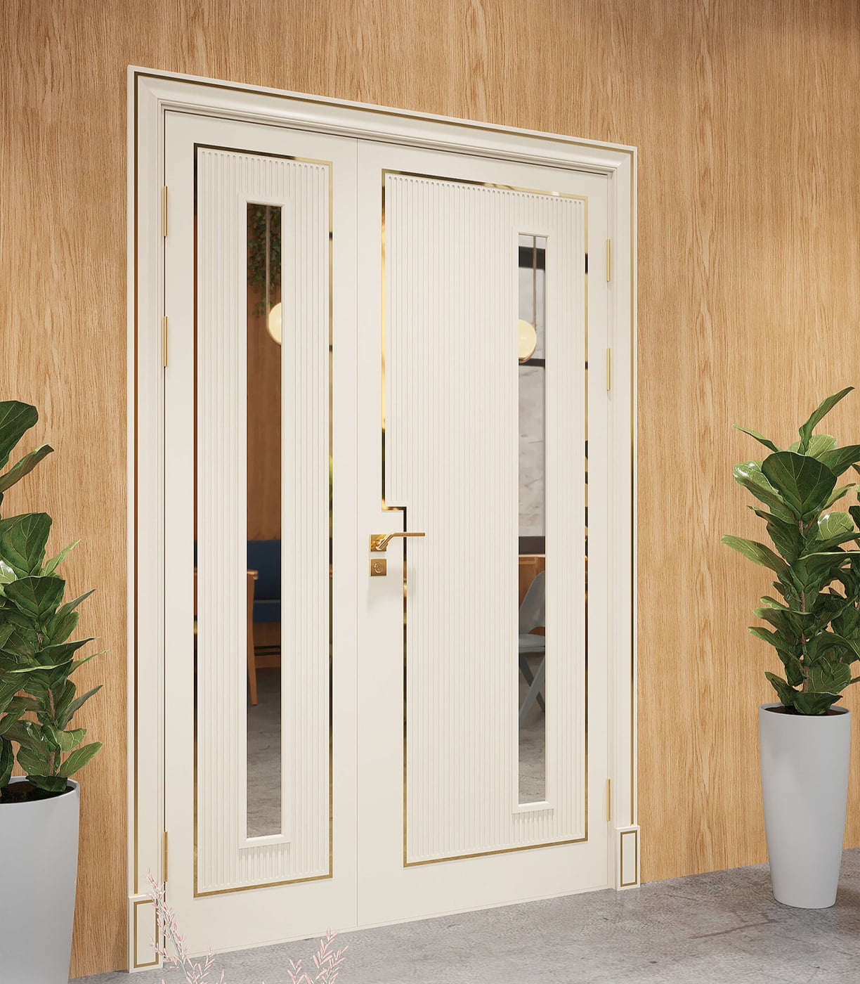 Classic Ivory 3D HDHMR Double Door with Vertical Panel Design